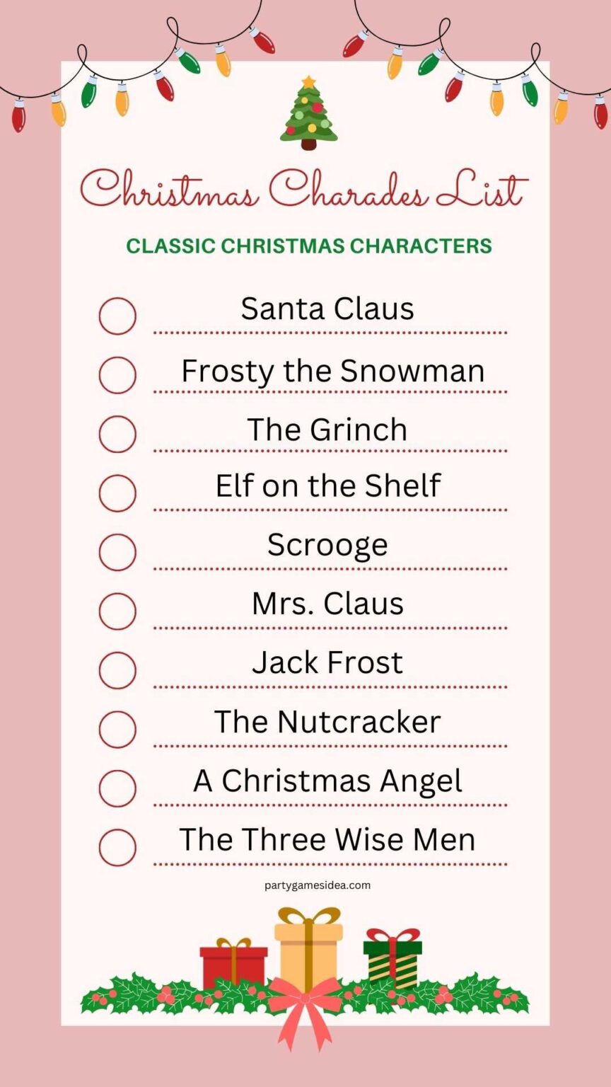 Free Printable Christmas Charades Ideas List - Fun Party Games Ideas ...